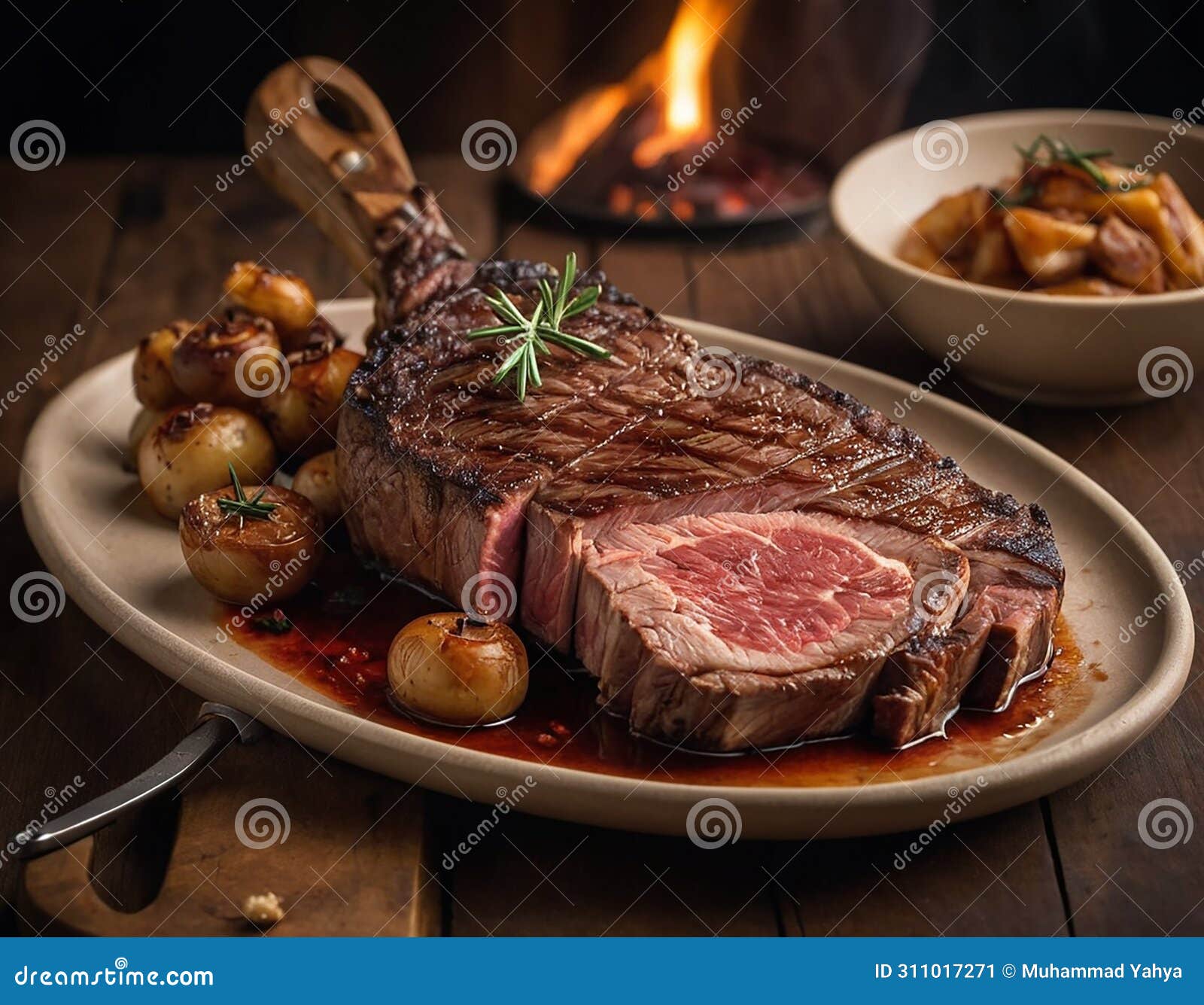Tomahawk Steak in Plate, Medium Rare, Low Key Photo Stock Illustration ...