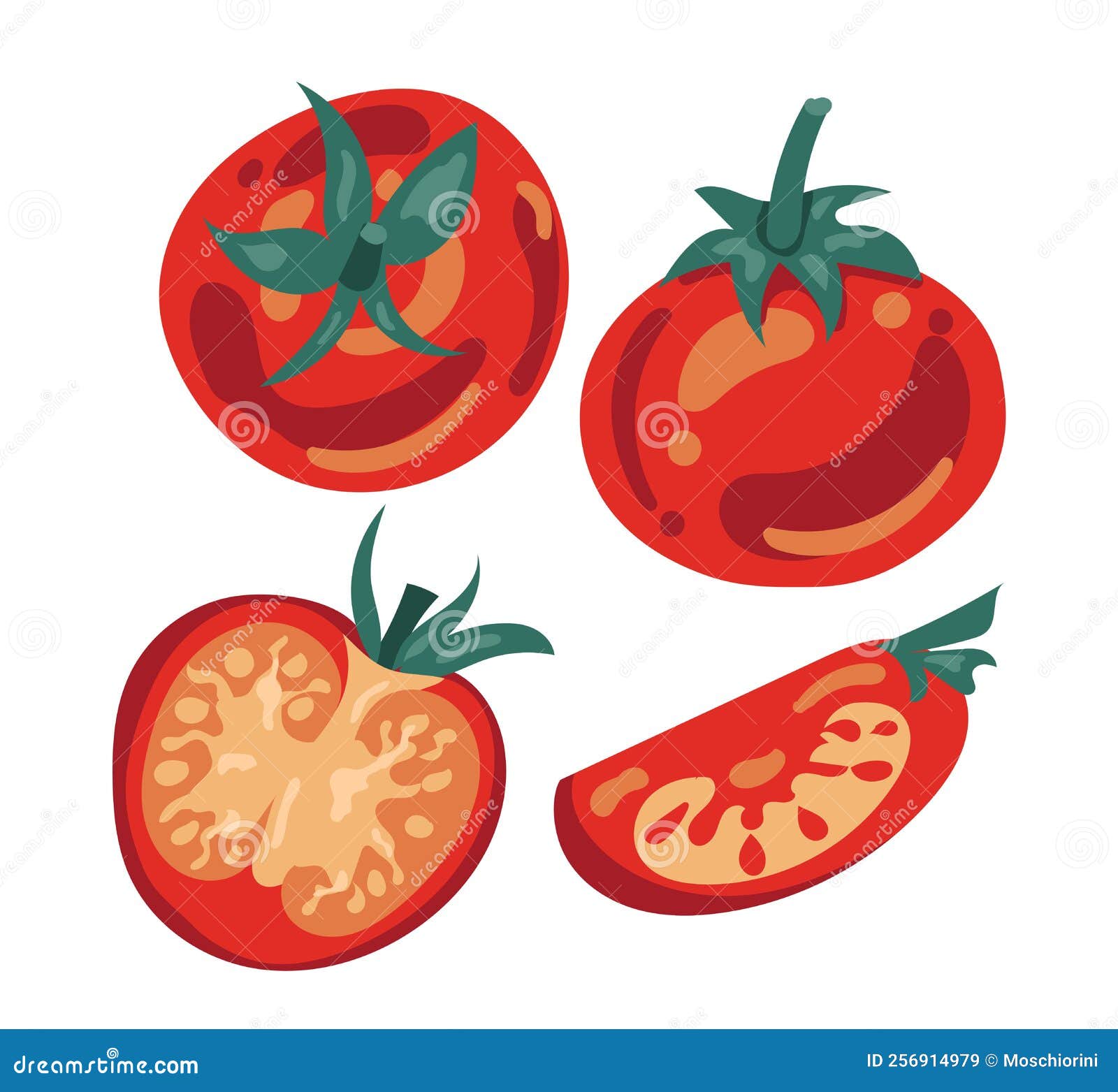 Cut Tomato, Tomato Slice, Leaves, Flowers and Tomato Seeds Isolated on ...