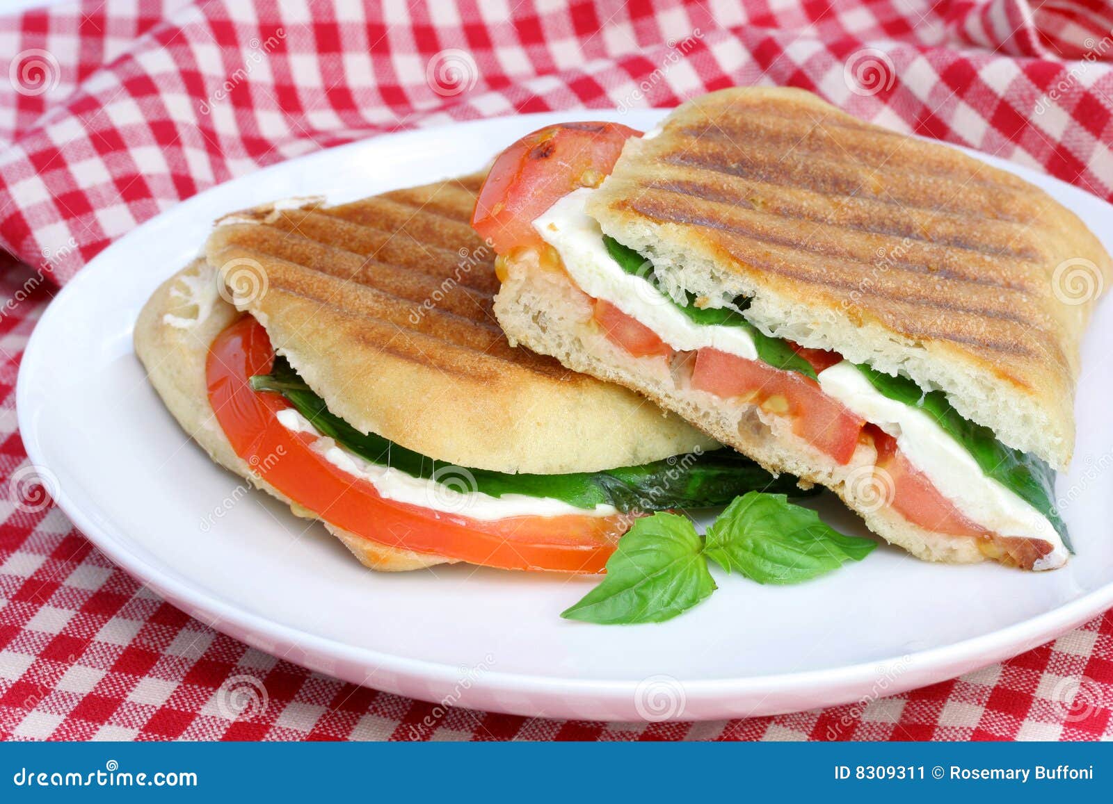 Tomato, Basil and Mozzarella Panini Stock Image - Image of tablecloth ...