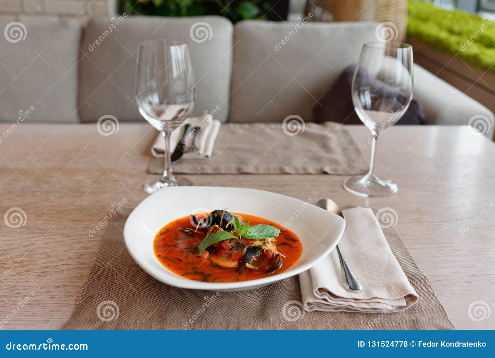 Tomato Fish Soup on Table, Place Setting Stock Photo - Image of herb ...