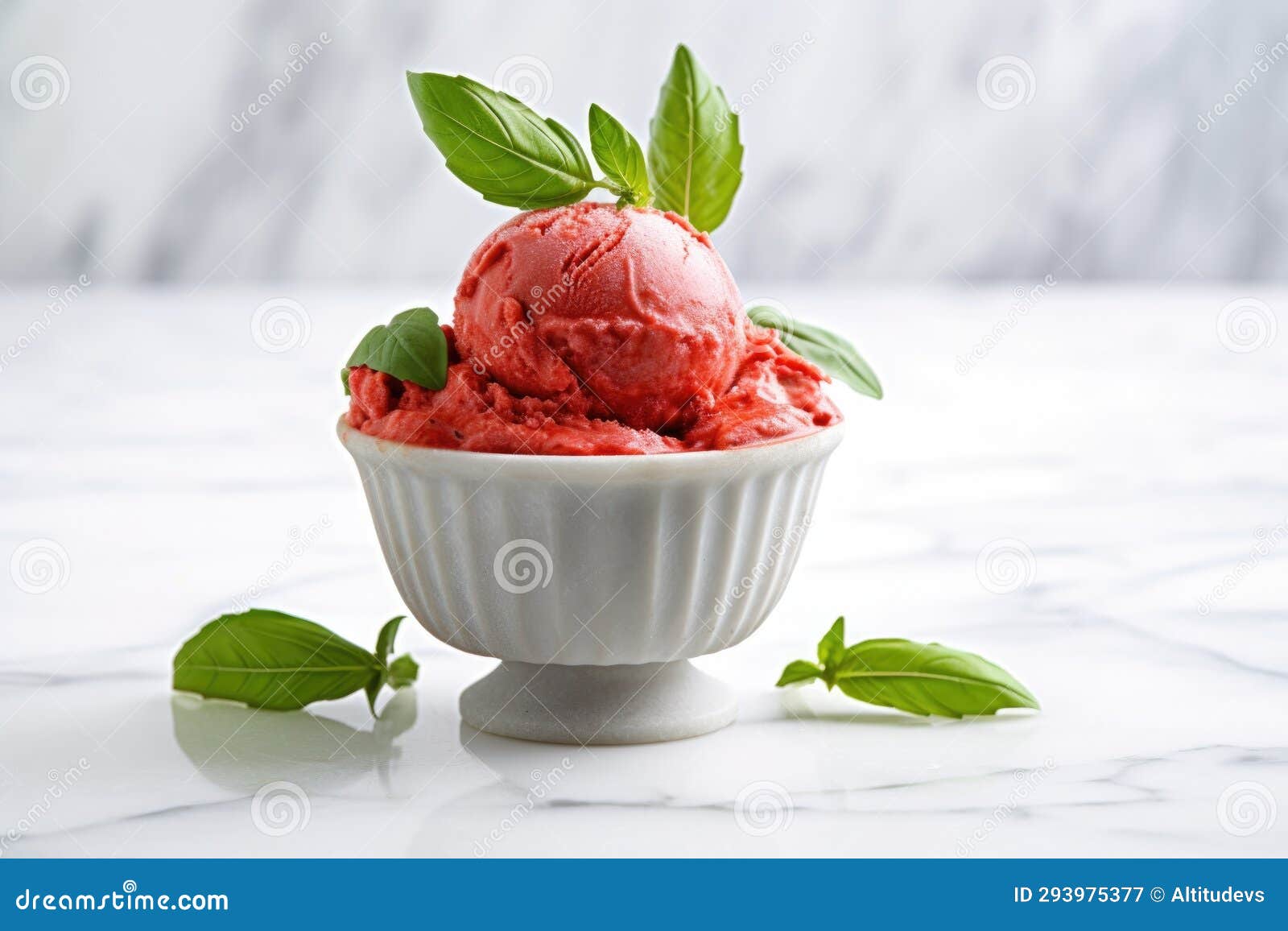 Tomato Ice Cream with Basil Leaves on a White Marble Surface Stock ...