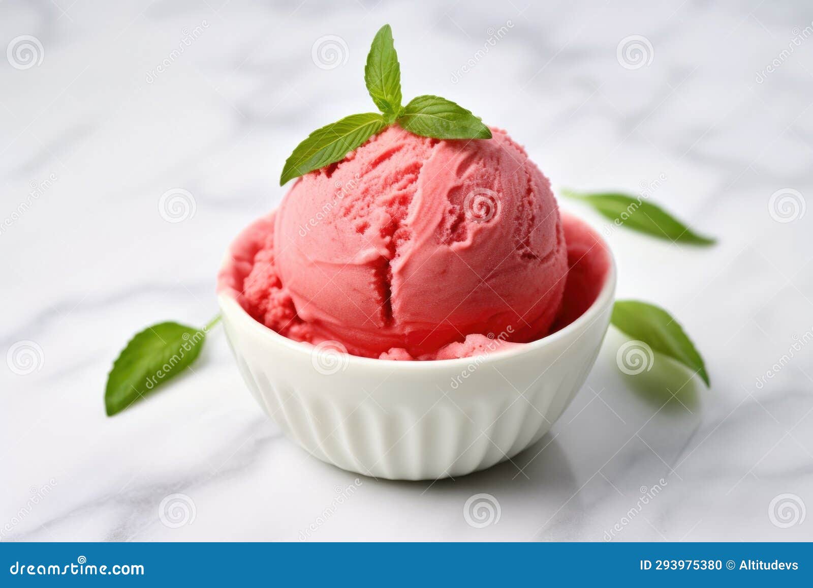 Tomato Ice Cream with Basil Leaves on a White Marble Surface Stock ...