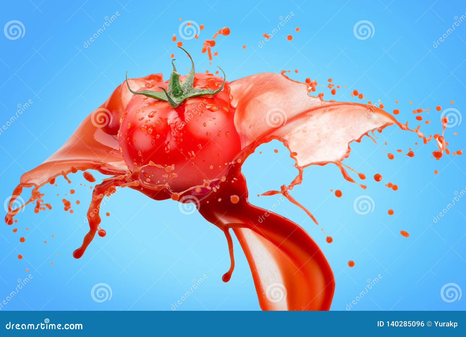 Tomato in Juice Splash on a Blue Background Stock Photo - Image of ...