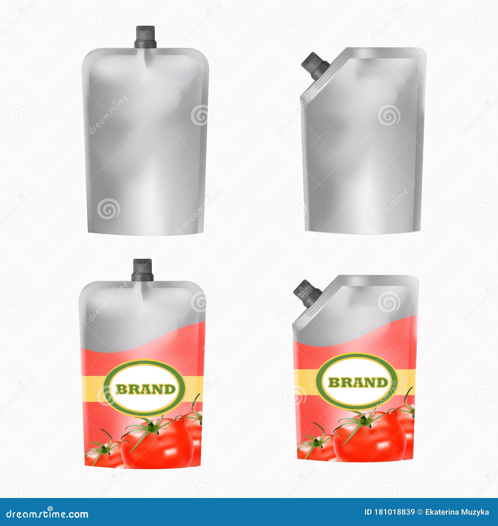 Tomato Ketchup Stand Up Pouch Mock Up Set Vector Isolated Illustration Stock Vector