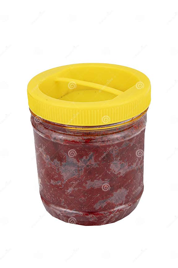 Tomato Paste in Plastic Jar Isolated on White Background. Plastic ...