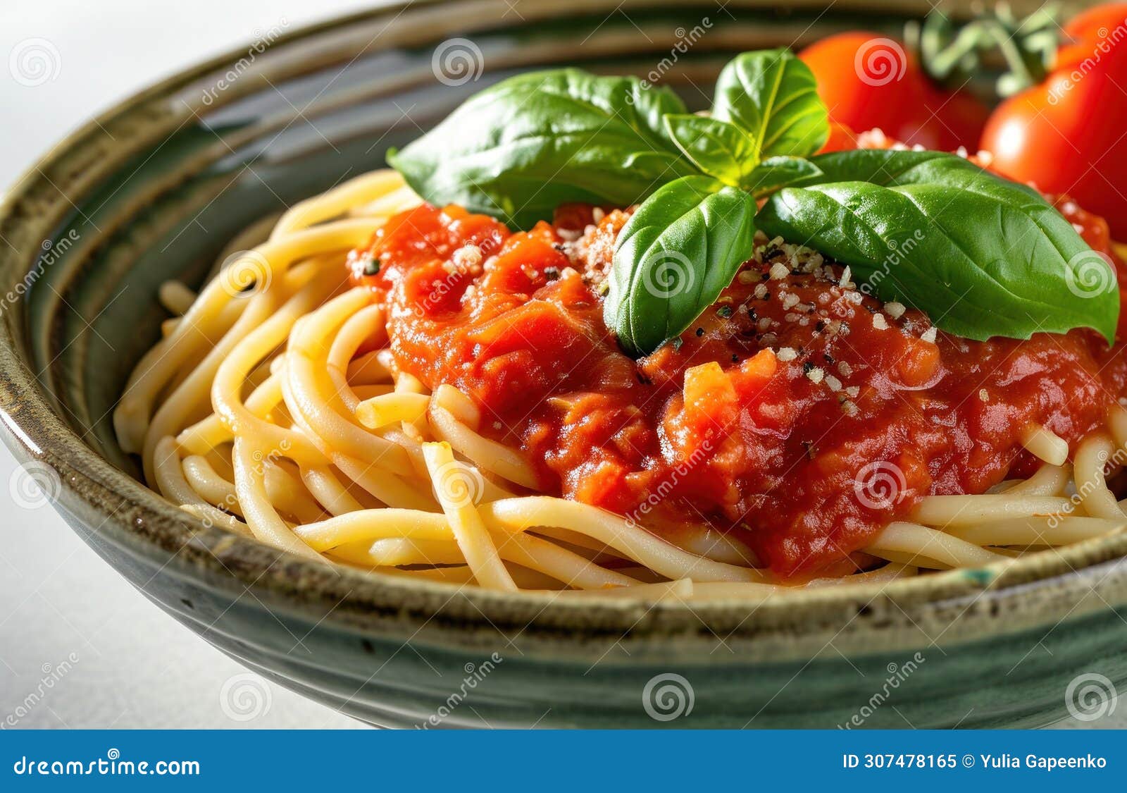 Tomato Paste on Spaghetti in Green Ceramic Bowl in White Stock Image ...