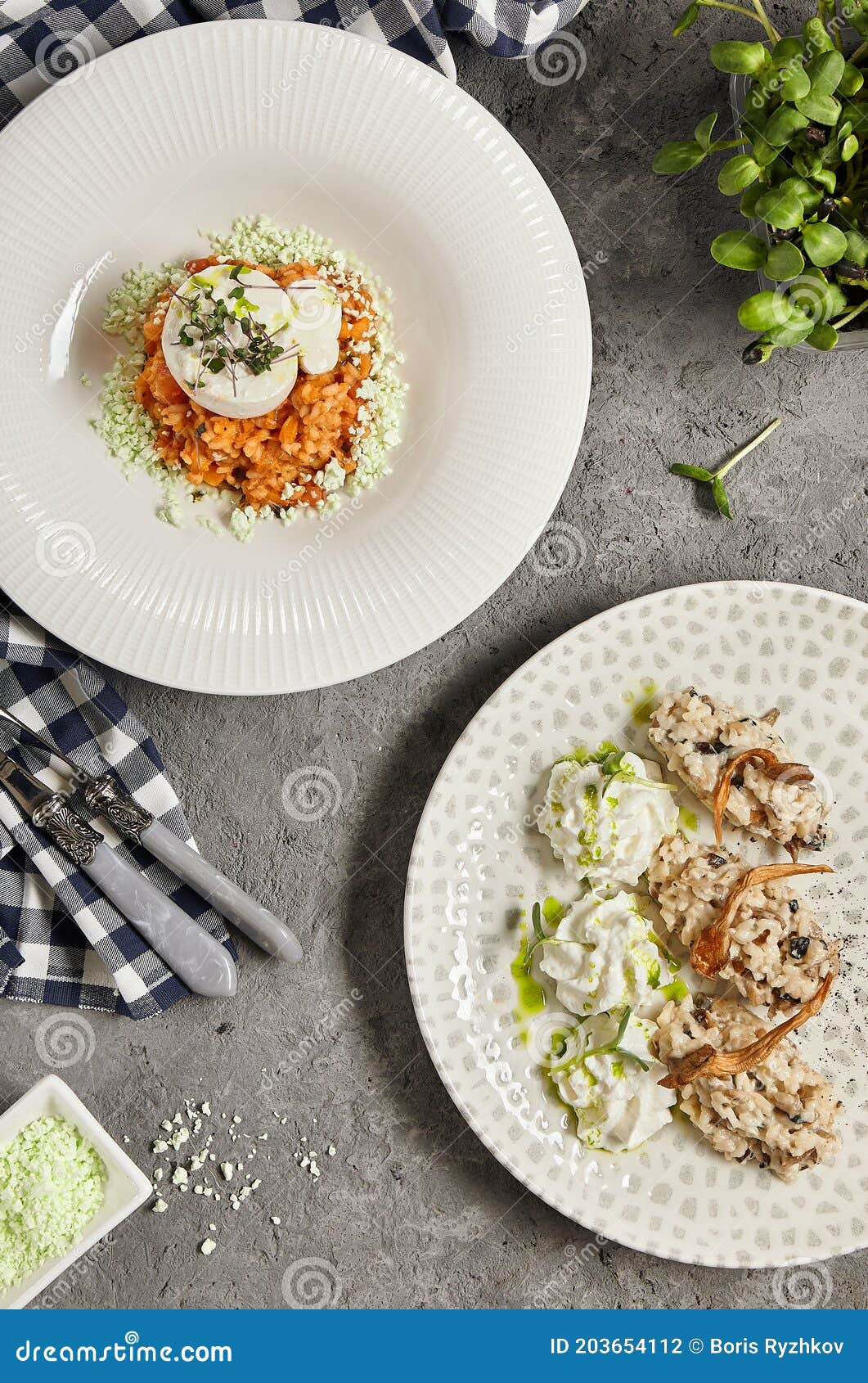 Tomato Risotto with Burrata and Pesto Stock Photo - Image of bowl ...