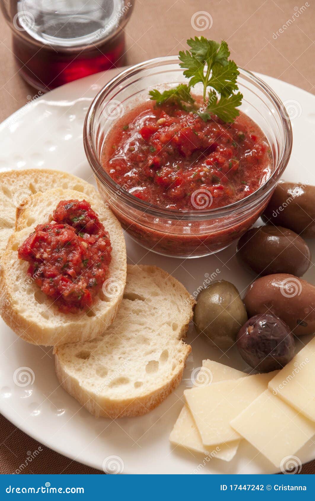 Tomato Salsa with Bread, Olives and Cheese Stock Photo - Image of ...