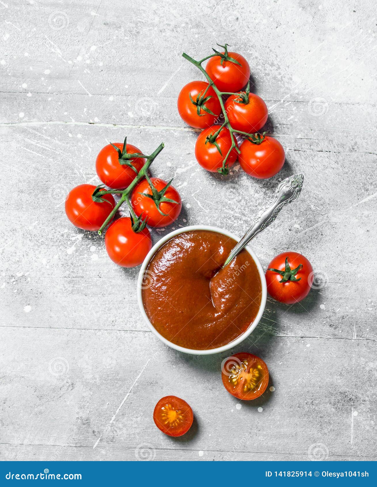 Tomato Sauce in Bowl with Spoon and Fresh Tomatoes Stock Photo - Image ...