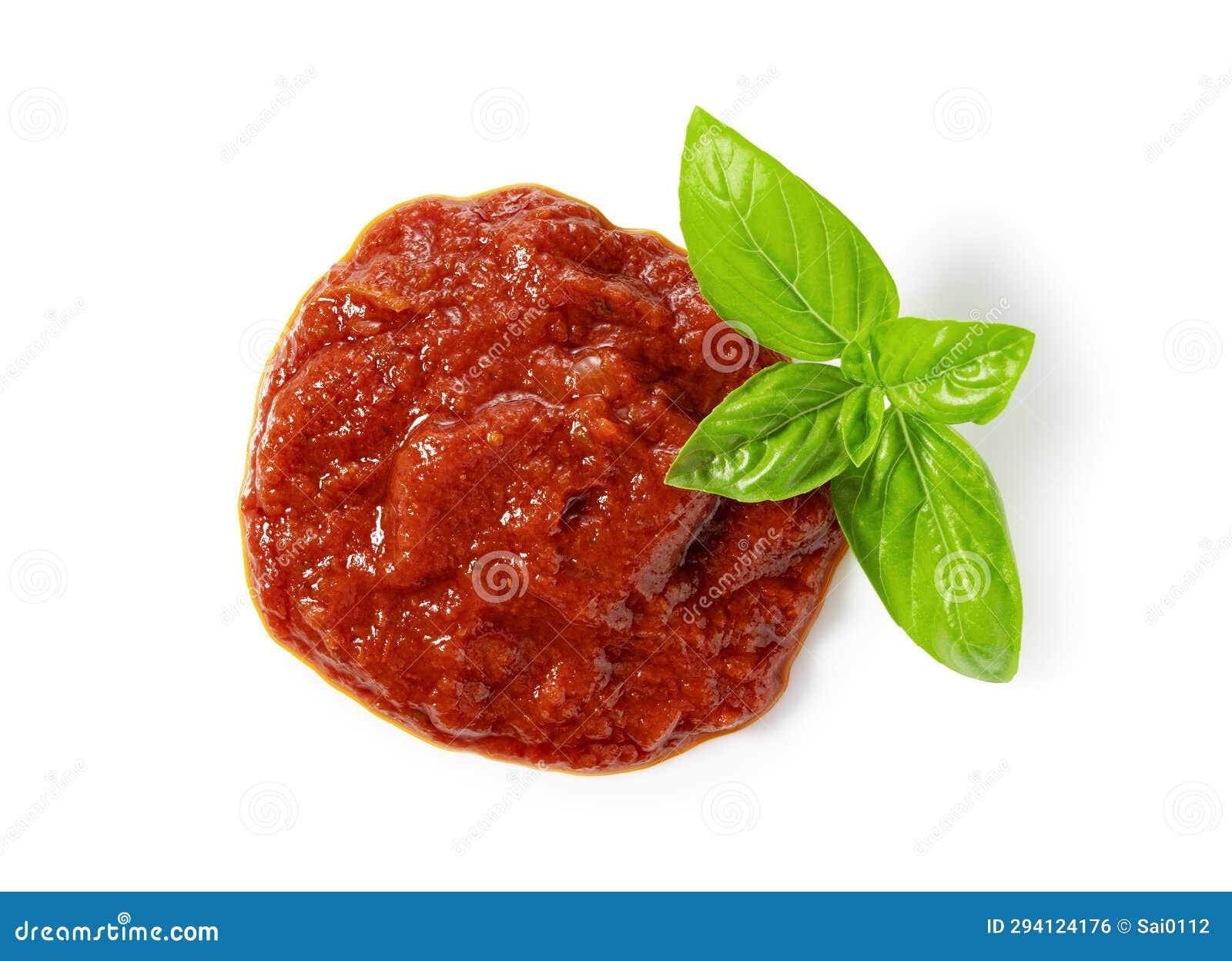 Tomato Sauce on a White Background with Basil on the Side Stock Photo ...