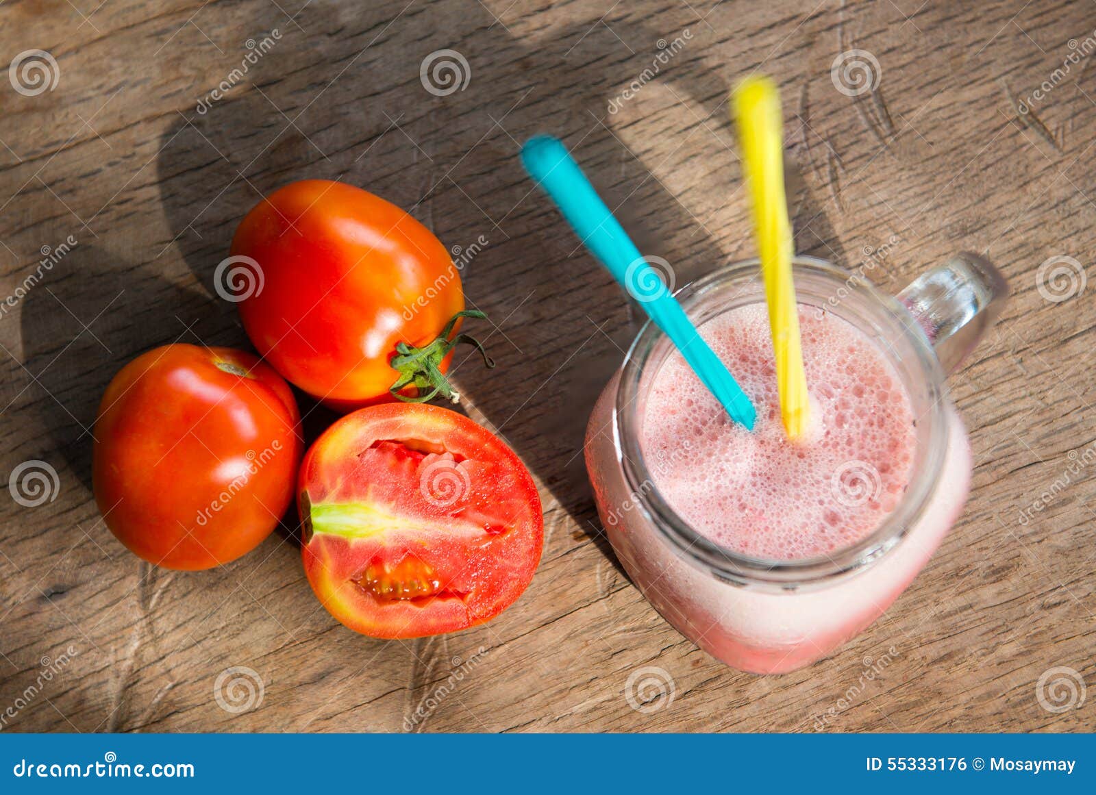 Tomato Smoothie with Fresh Tomato on Plank Stock Photo - Image of ...