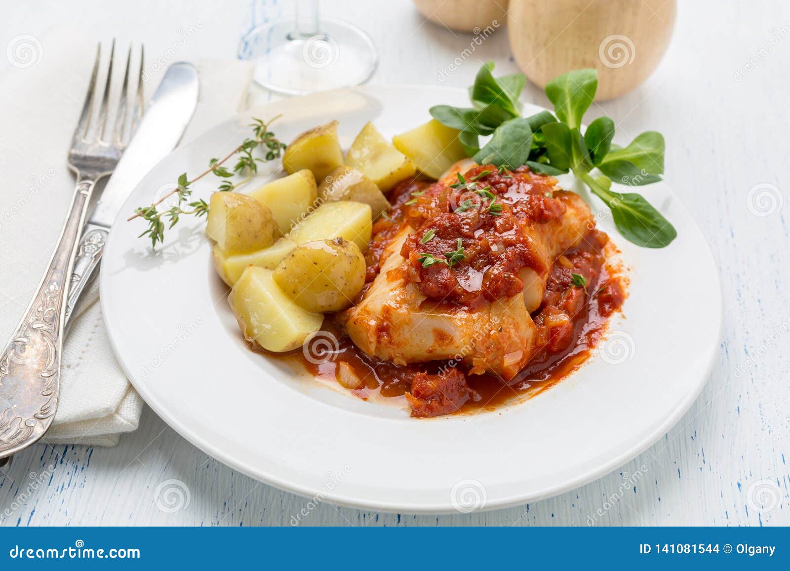 Cod or Pollack Cooked in Tomato and Thyme Sauce Stock Photo - Image of ...