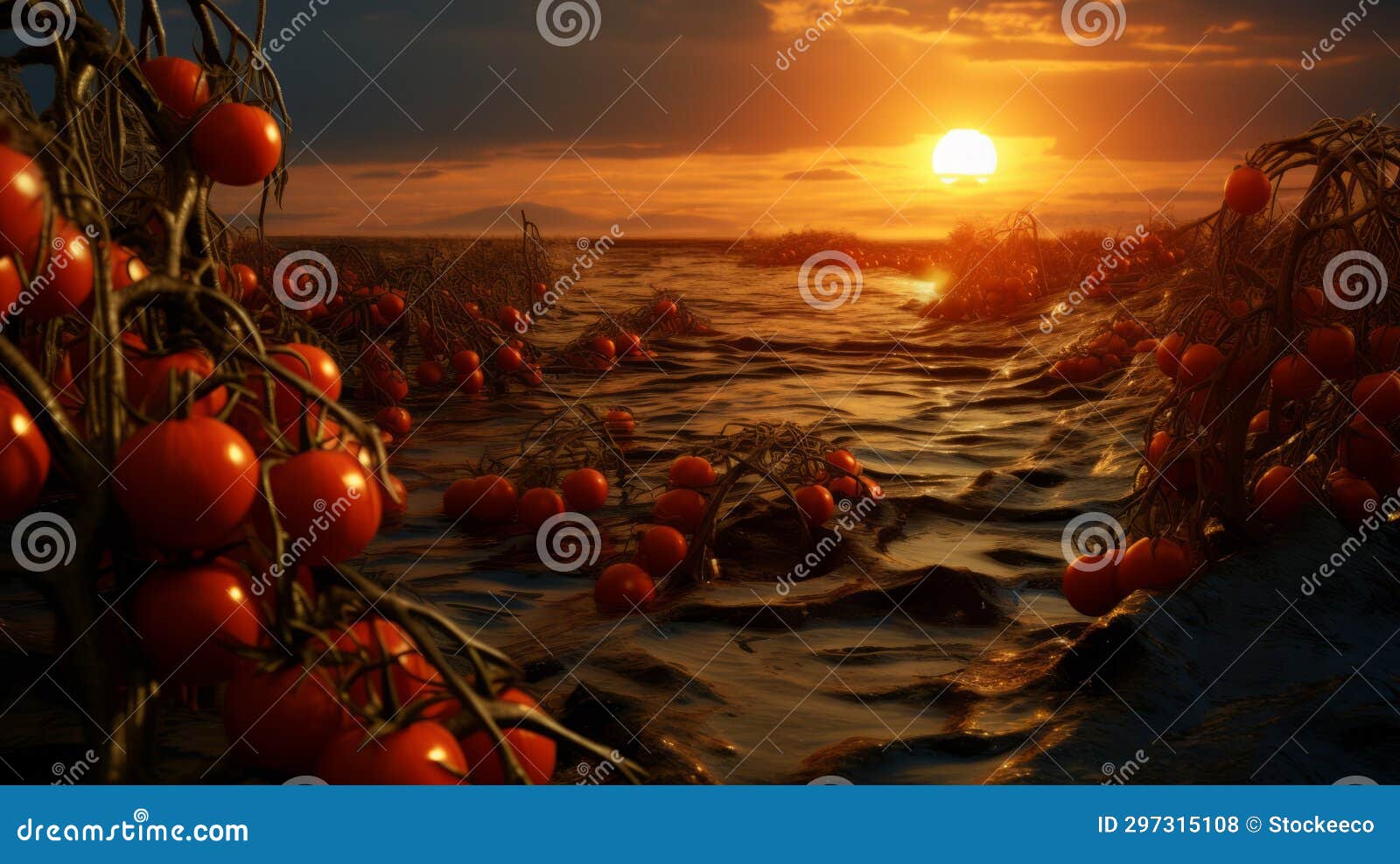 Tomatoes Field on Sunset: a Hyper-realistic Sci-fi Concept Art Stock ...