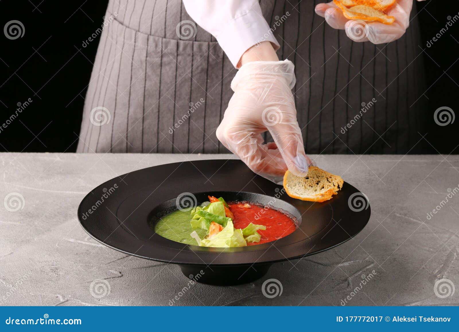 Tomatoes Soup with Hands. Chef Decorating Plate. Kitchen Processing ...