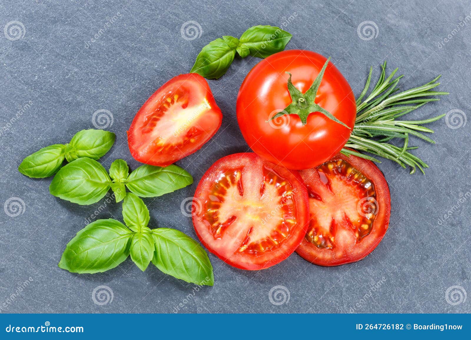 Tomatoes Tomatos Vegetables with Basil from Above on a Slate Stock ...