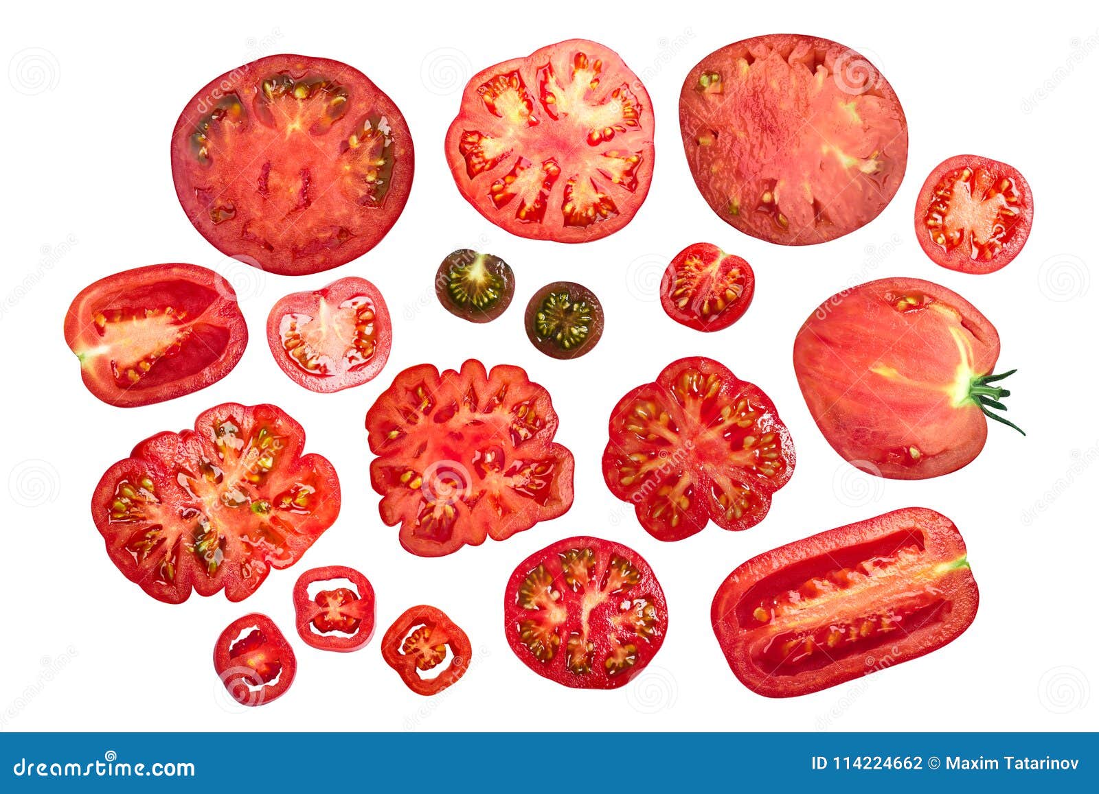 Sliced tomatoes, top view stock photo. Image of pachino - 114224662
