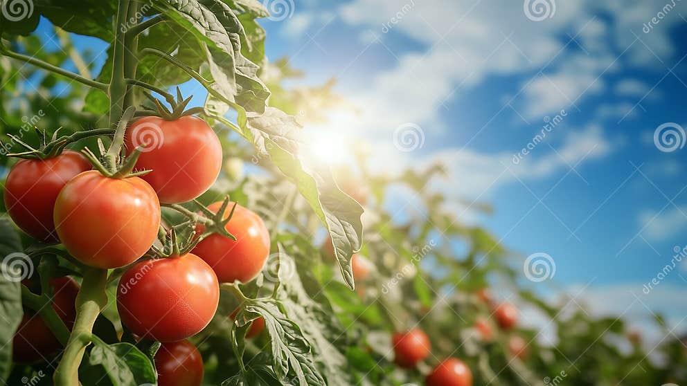 Tomatoes on the Tree with Blue Sky Background Stock Illustration ...