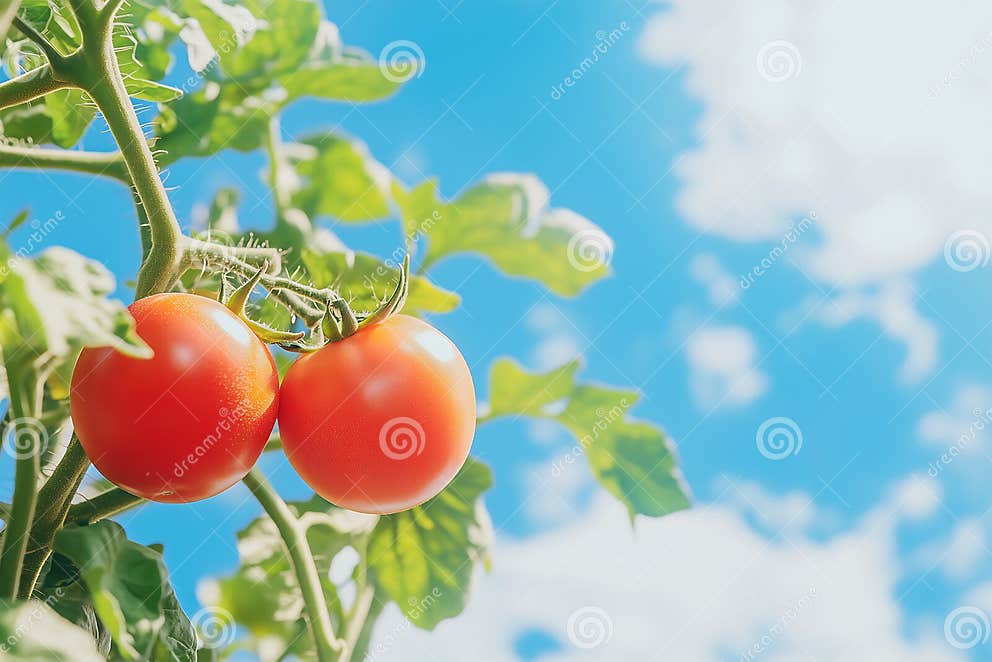 Tomatoes on the Tree with Blue Sky Background Stock Illustration ...