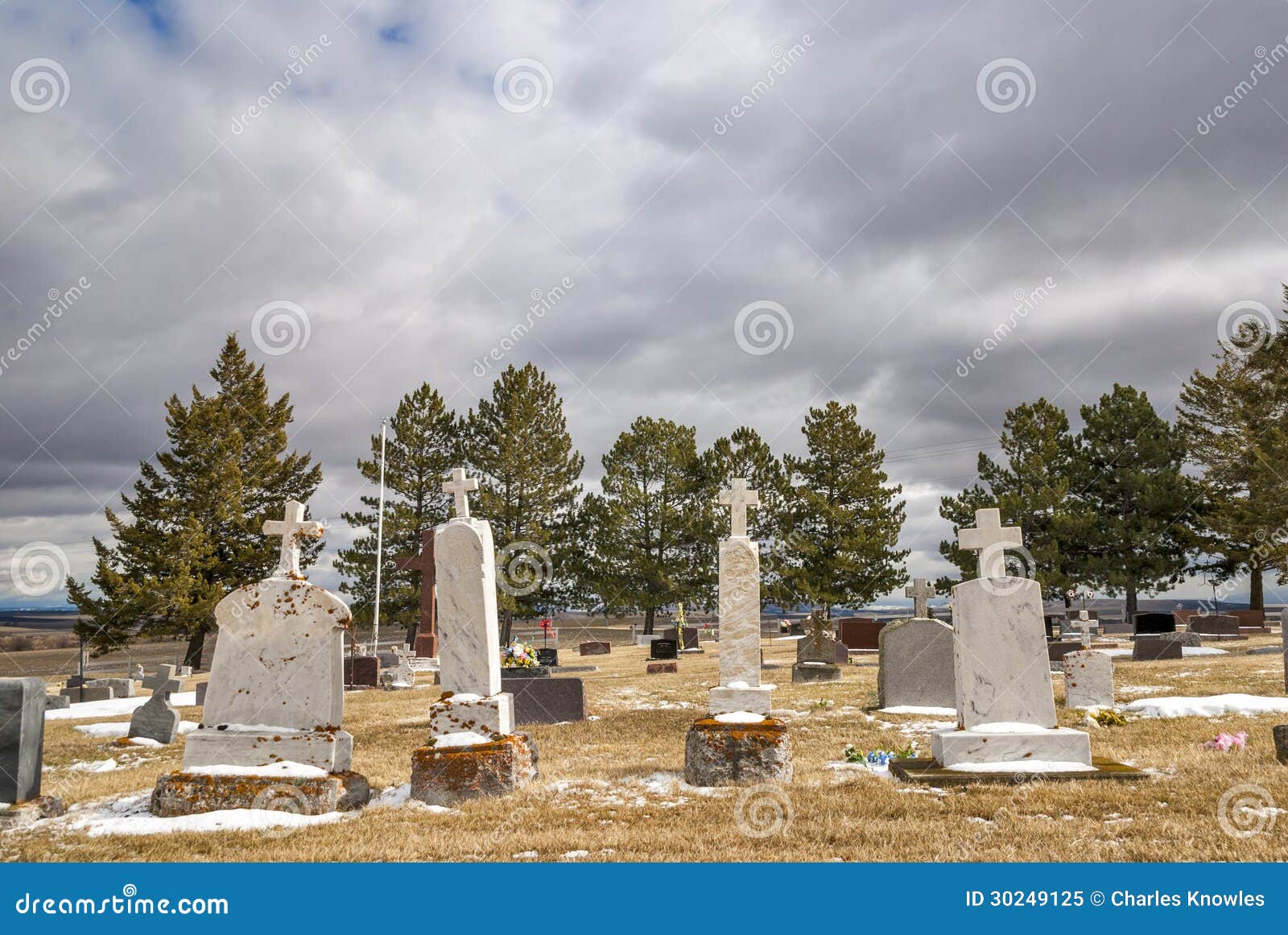 Country Cemetery with Pine Trees and Clouds Drama Stock Image - Image ...