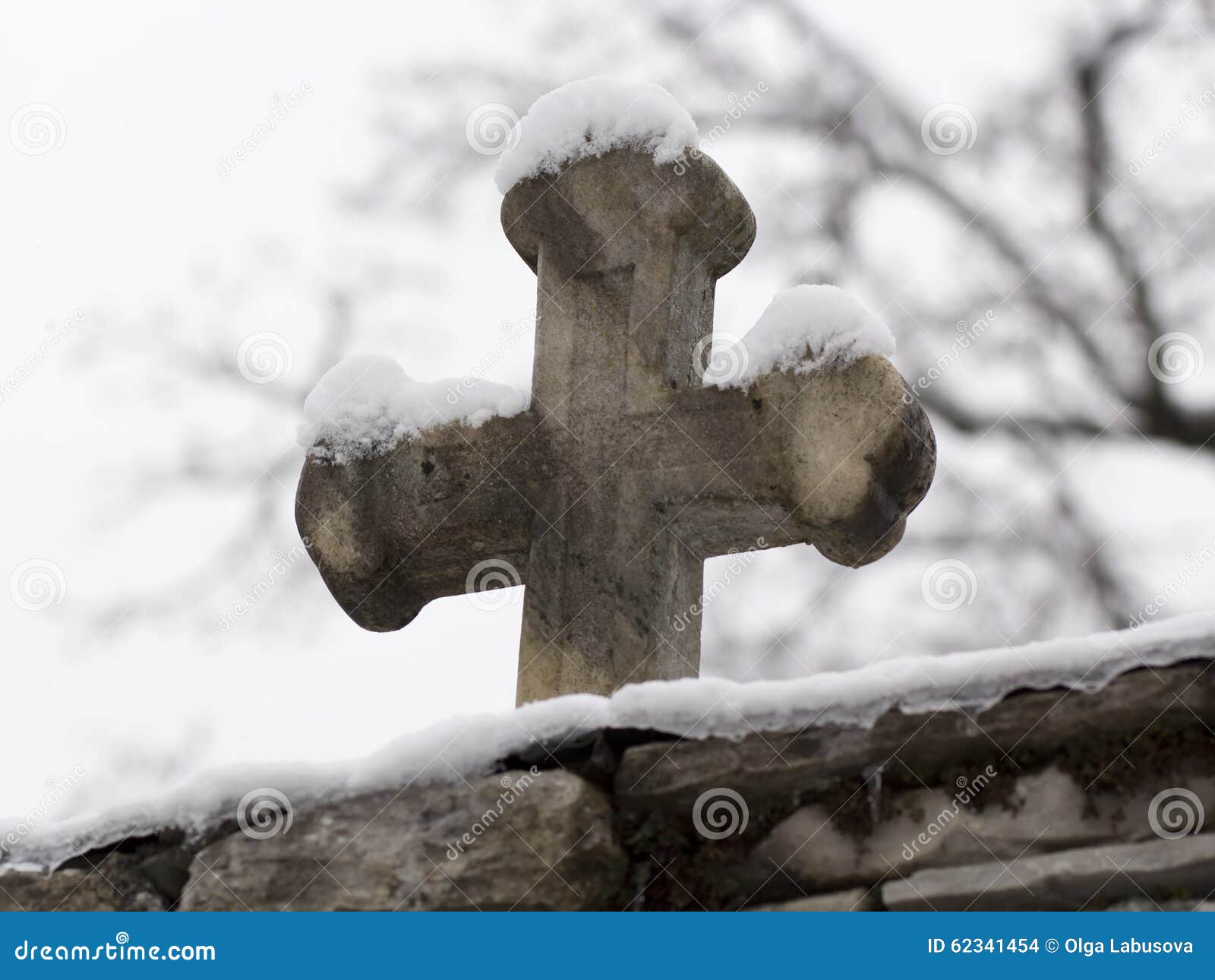 Tombstone Cross Covered with Snow Stock Photo - Image of history ...