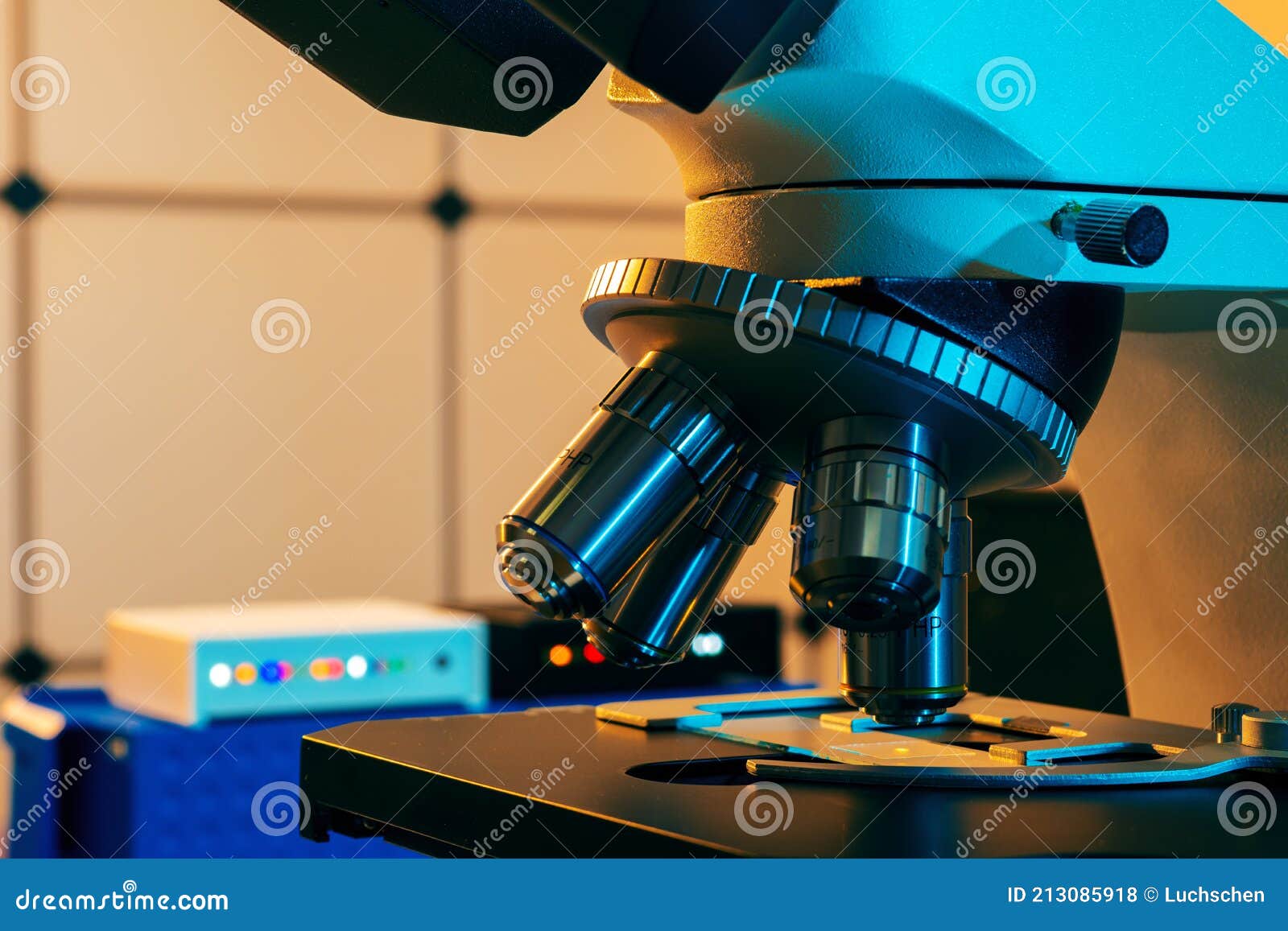 Toned Photo of a Backlit Microscope Lens in a Science Laboratory Stock ...