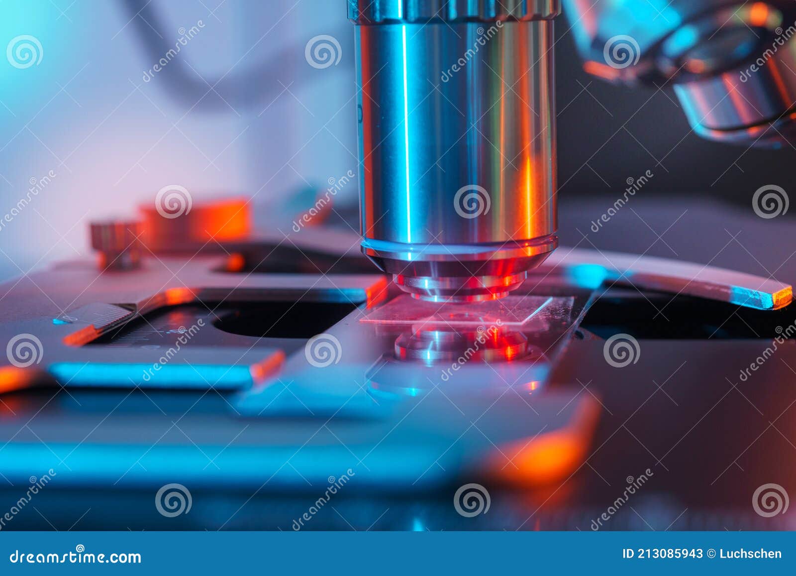 Toned Photo of a Backlit Microscope Lens in a Science Laboratory Stock ...