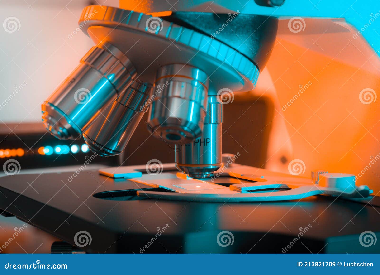 Toned Photo of a Backlit Microscope Lens in a Science Laboratory Stock ...