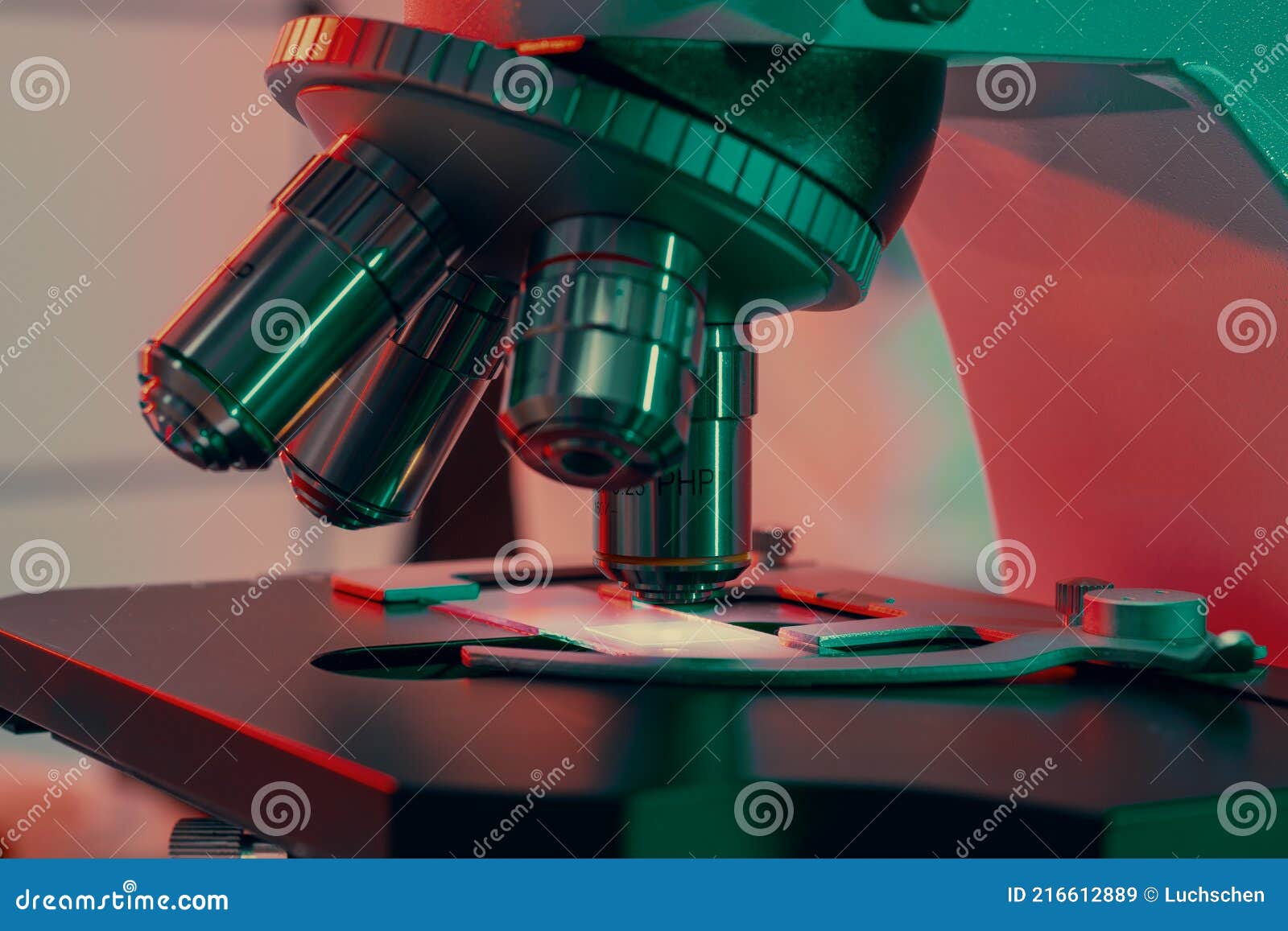 Toned Photo of a Backlit Microscope Lens in a Science Laboratory Stock ...