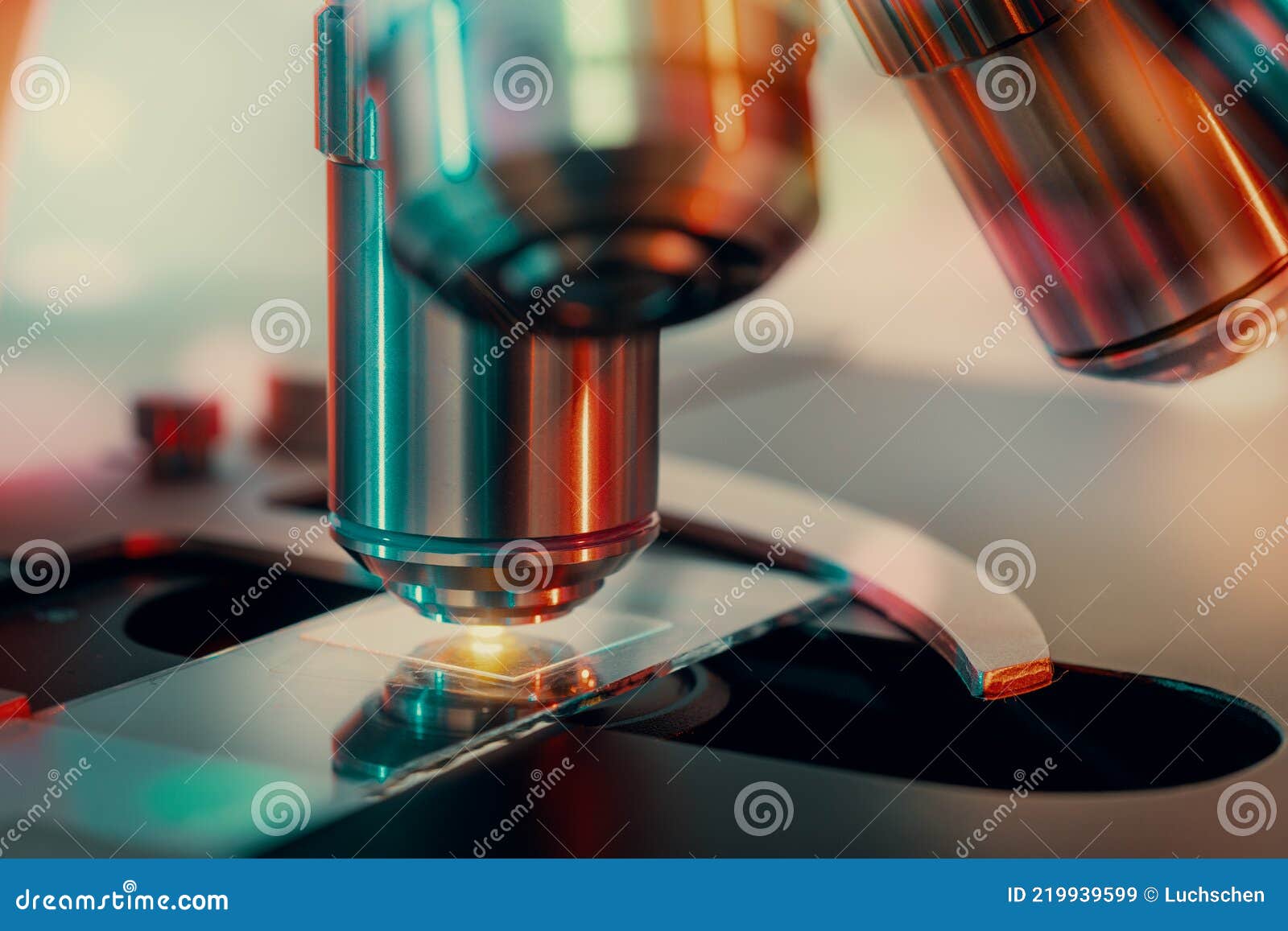 Toned Photo of a Backlit Microscope Lens in a Science Laboratory Stock ...