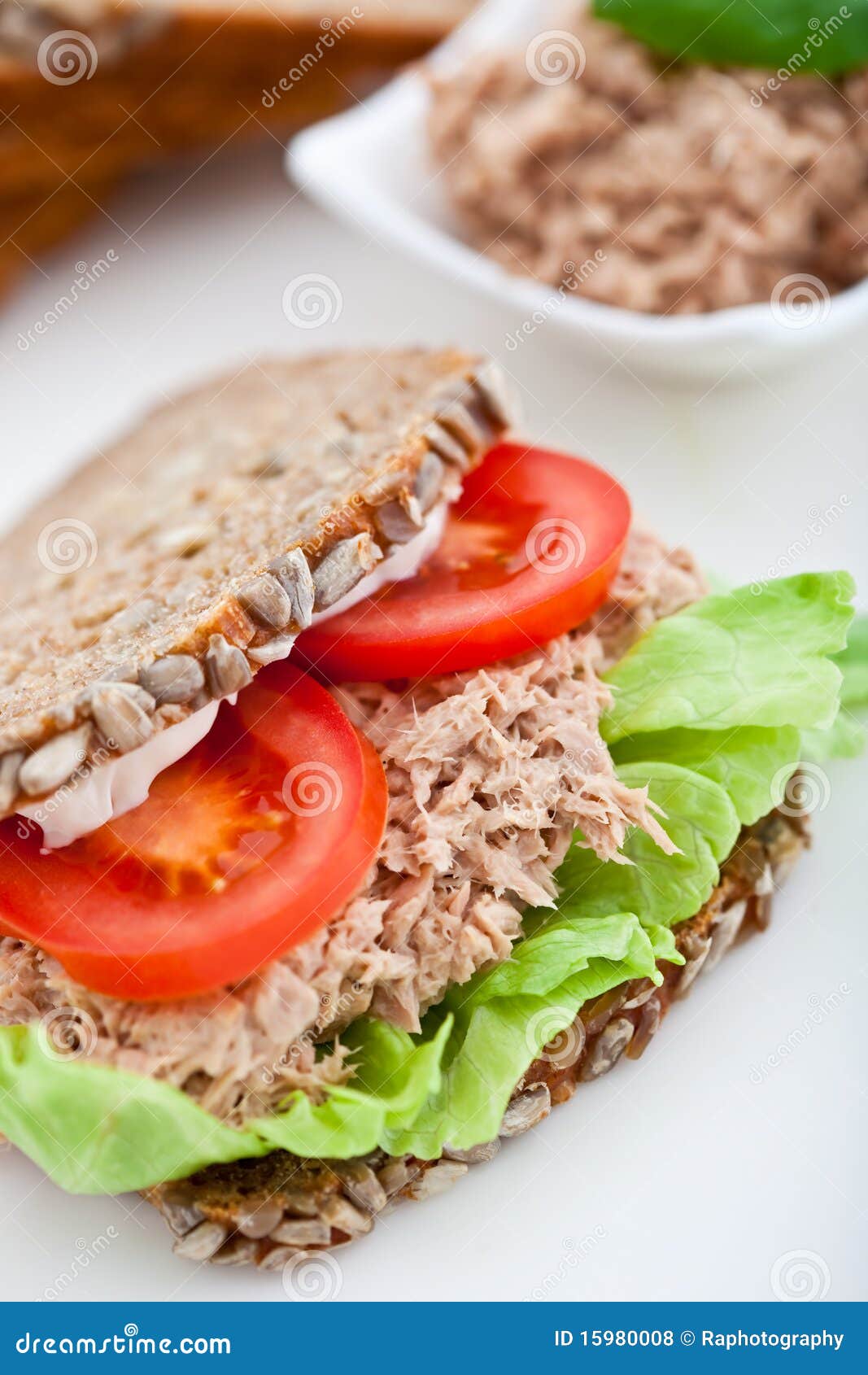 Tonfisk För Tomater För Fiskgrönsallatsmörgås Arkivfoto Bild Av