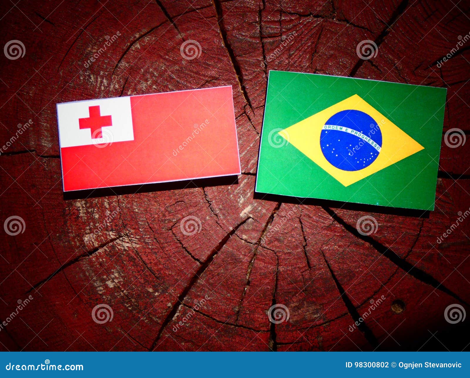 Tonga Flag with Brazilian Flag on a Tree Stump Isolated Stock Photo ...