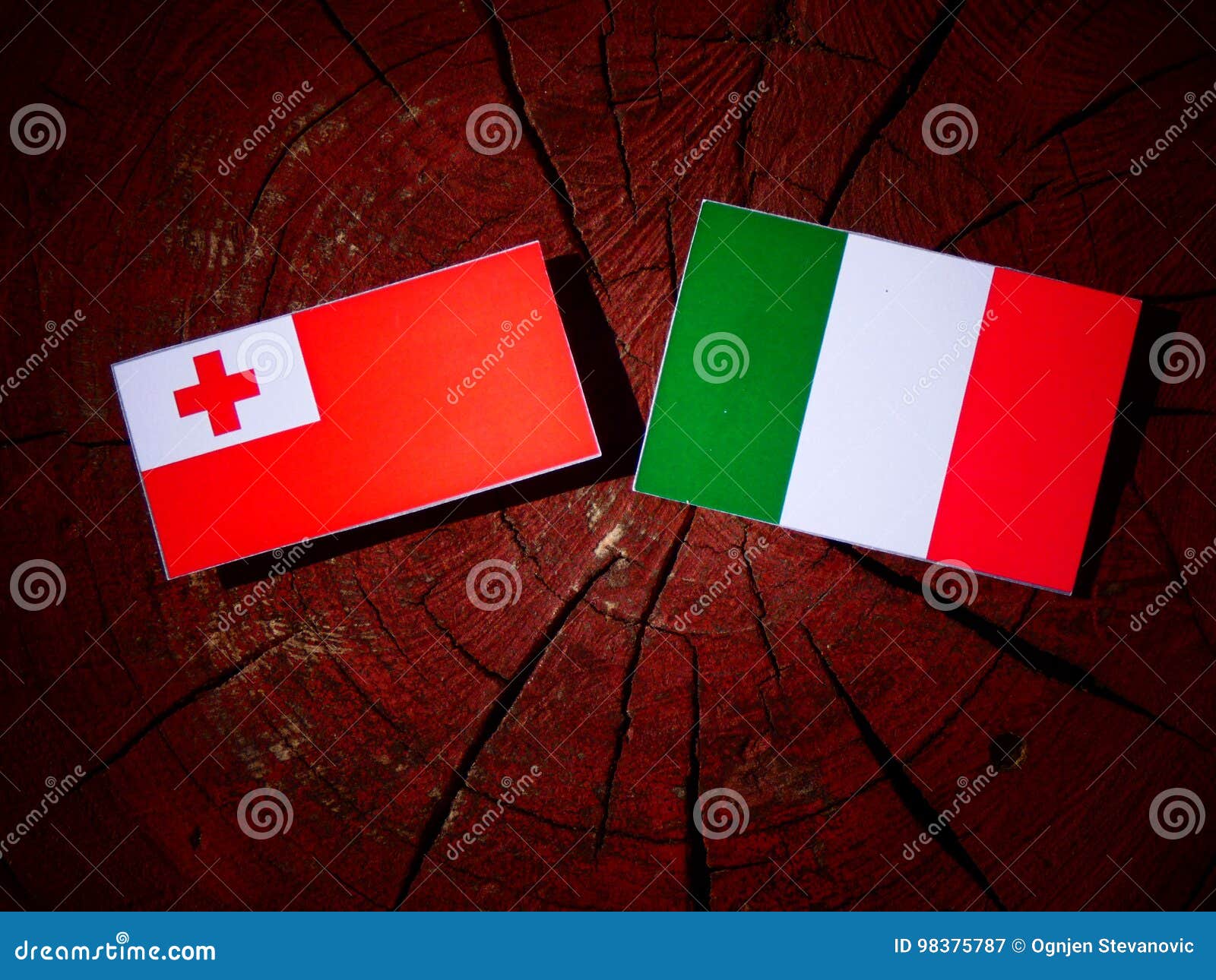 Tonga Flag with Italian Flag on a Tree Stump Isolated Stock ...