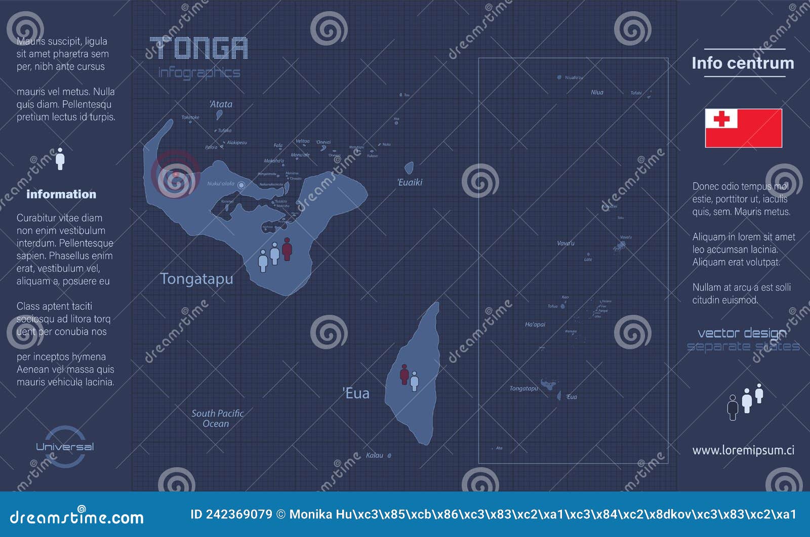 Tonga Map, Islands with Names, Infographics Blue Flat Design Stock ...