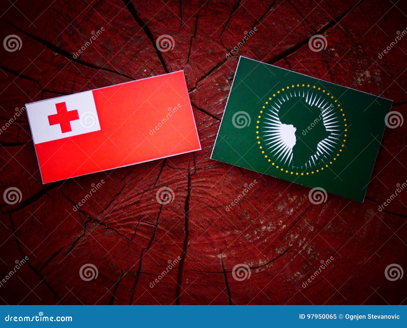 Tongan Flag with African Union Flag on a Tree Stump Stock Image - Image ...