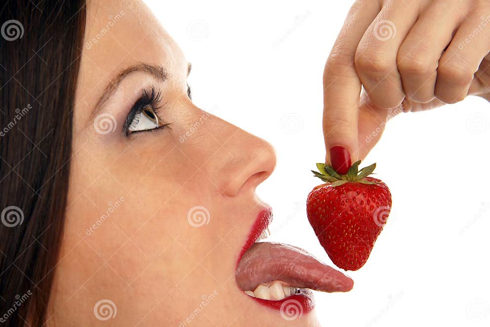 Tongue on Berry Woman Eats Strawberry Fruit Stock Image - Image of ...