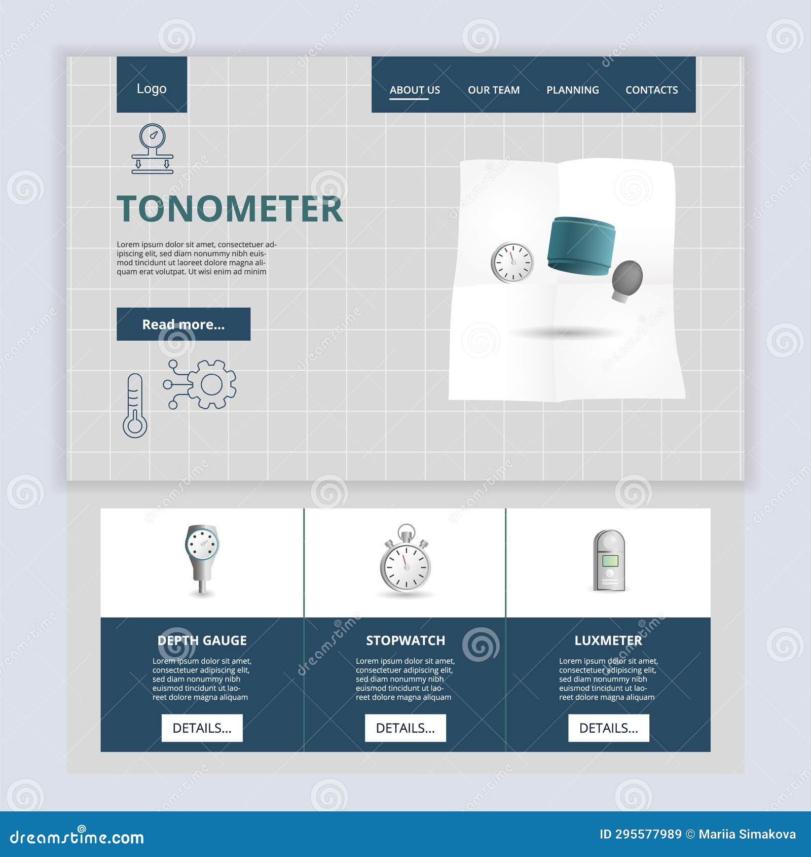 Tonometer Flat Landing Page Website Template. Depth Gauge, Stopwatch ...