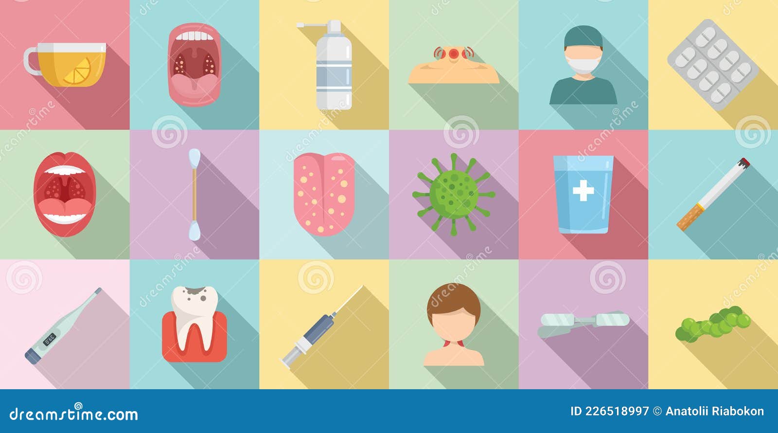 Tonsillitis Icons Set Flat Vector. Tonsil Anatomy Stock Vector ...