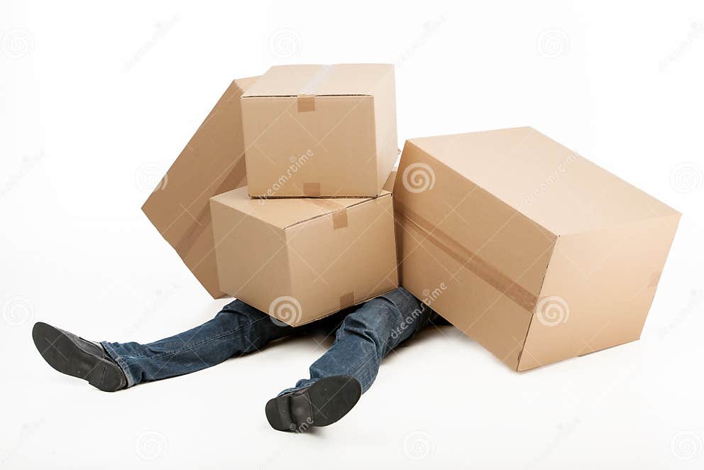 Too Heavy Boxes. Deliveryman Lying Covered with a Stack of Cardboard ...