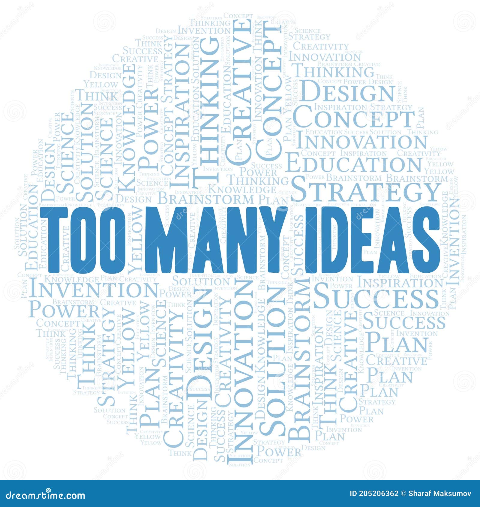 Too Many Ideas Typography Word Cloud Create with the Text only. Stock ...
