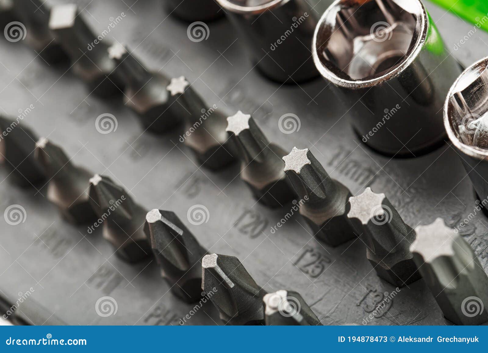 Tool Box with Attachments and Bits of Different Shapes and Sizes Close ...