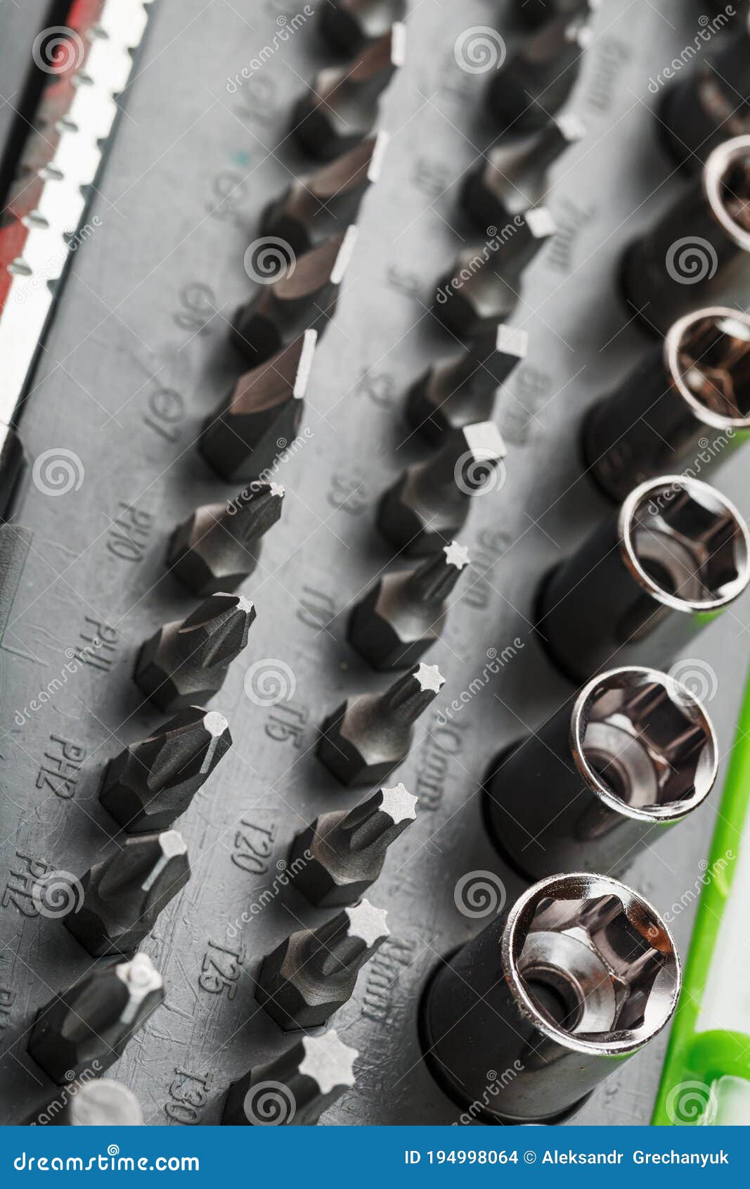 Tool Box with Attachments and Bits of Different Shapes and Sizes Close ...