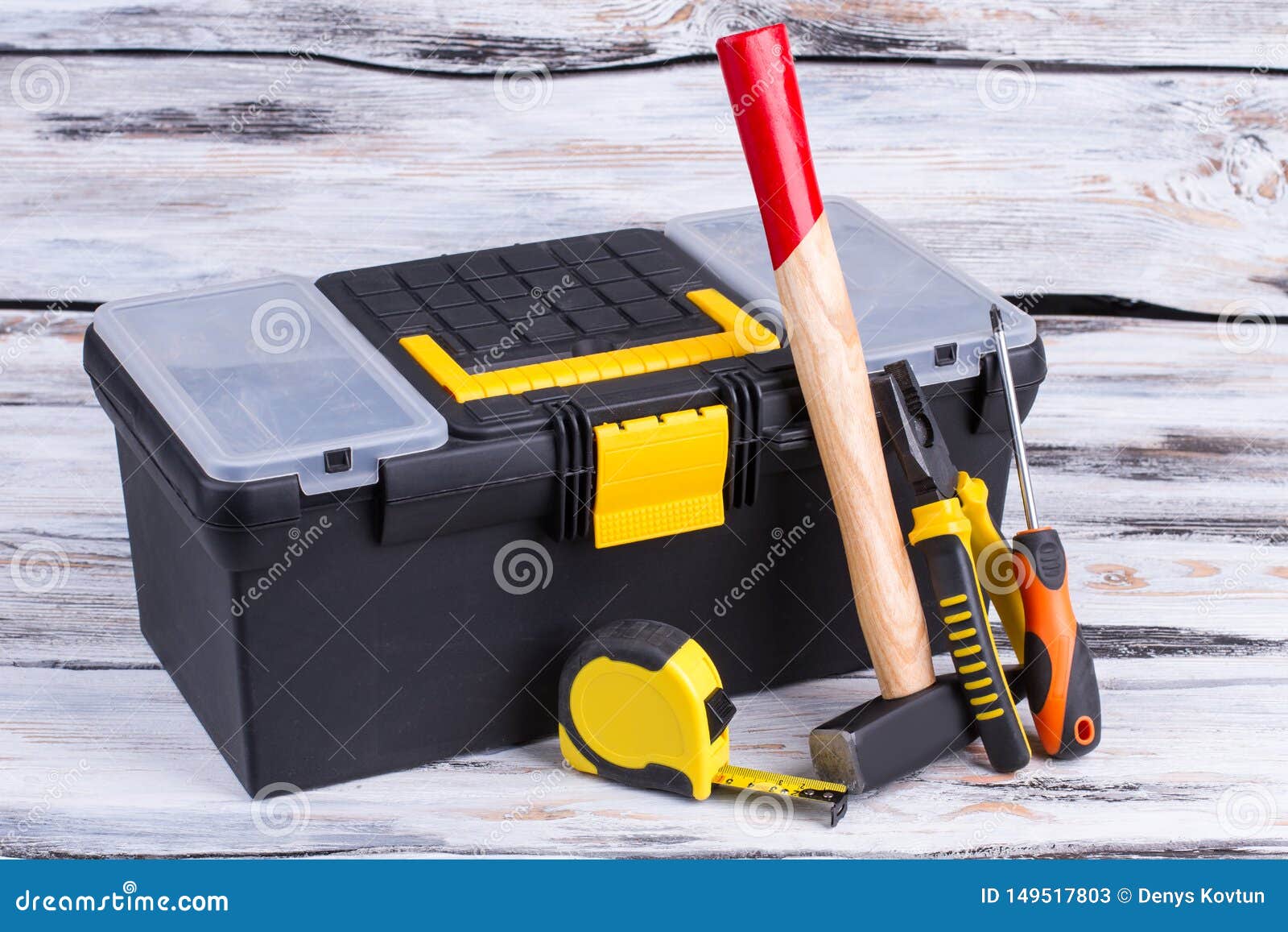 Tool Box and Different Tools on Wooden Background. Stock Image - Image ...