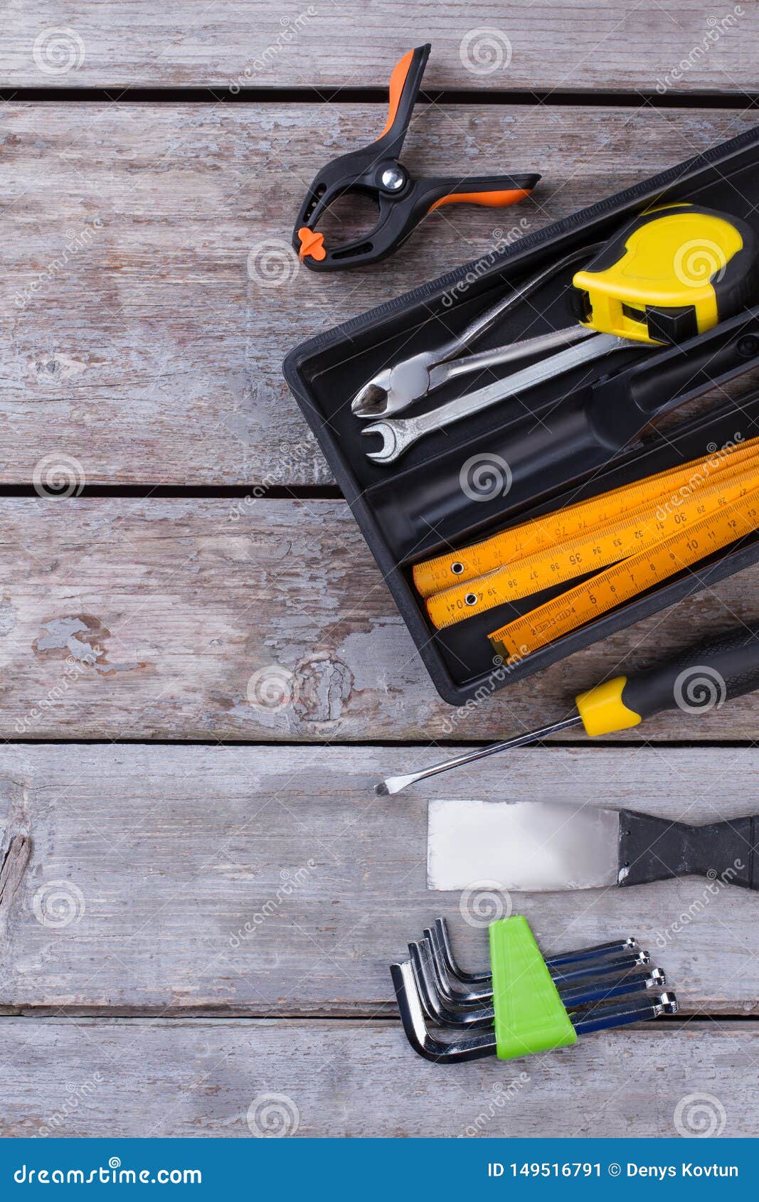 Tool Box with Different Tools on Wooden Background. Stock Image - Image ...