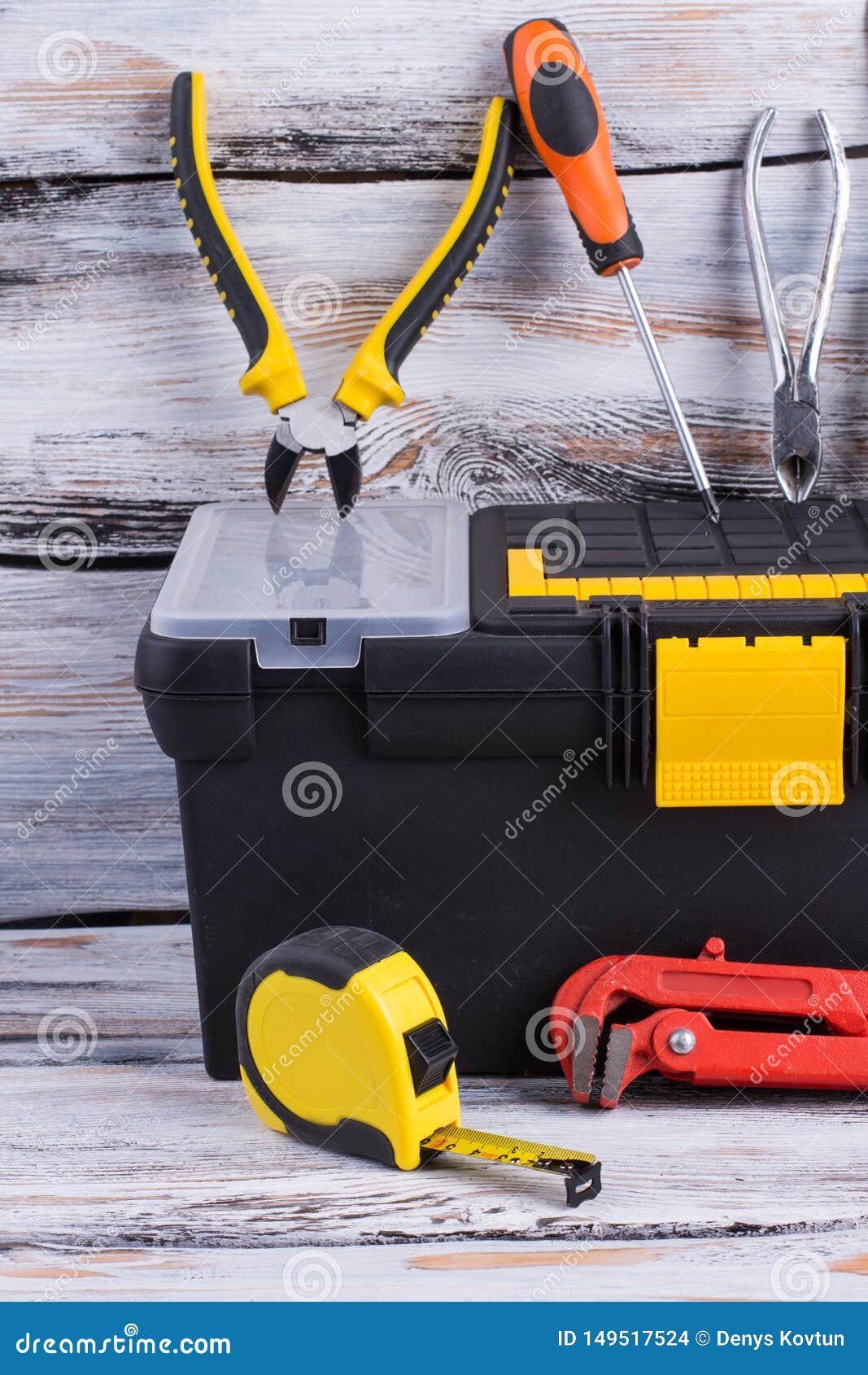 Tool Box with Different Tools on Wooden Background. Stock Photo - Image ...