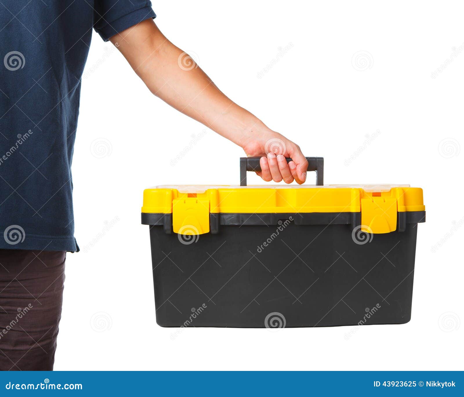 Tool box in hand stock image. Image of background, black - 43923625