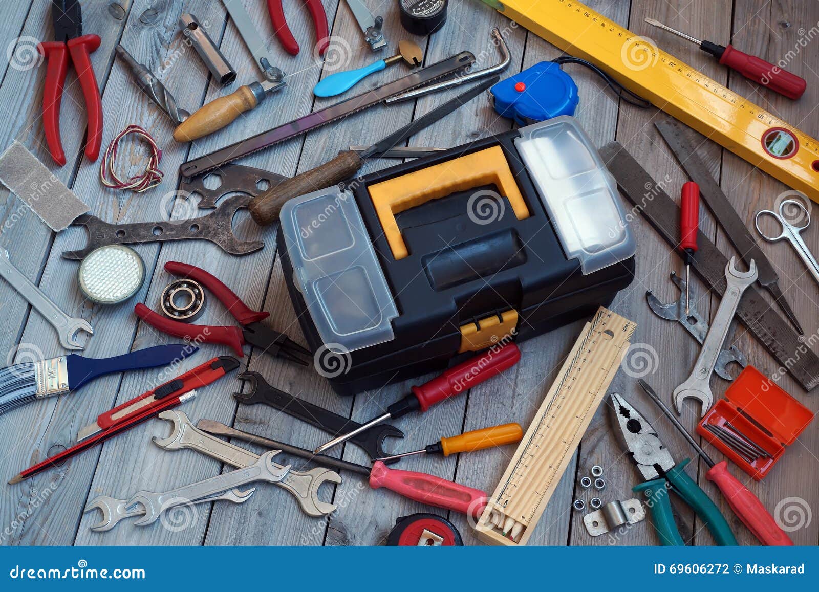Tool Box on Wooden Floor, View from Above. Stock Photo - Image of ...