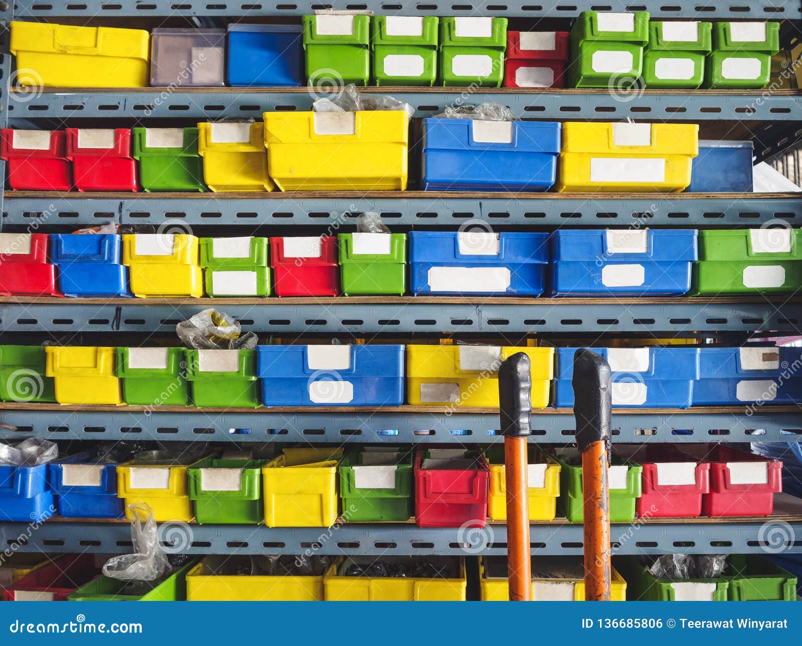 Tool Boxes on Shelf Storage Warehouse Colourful Industrial Background ...