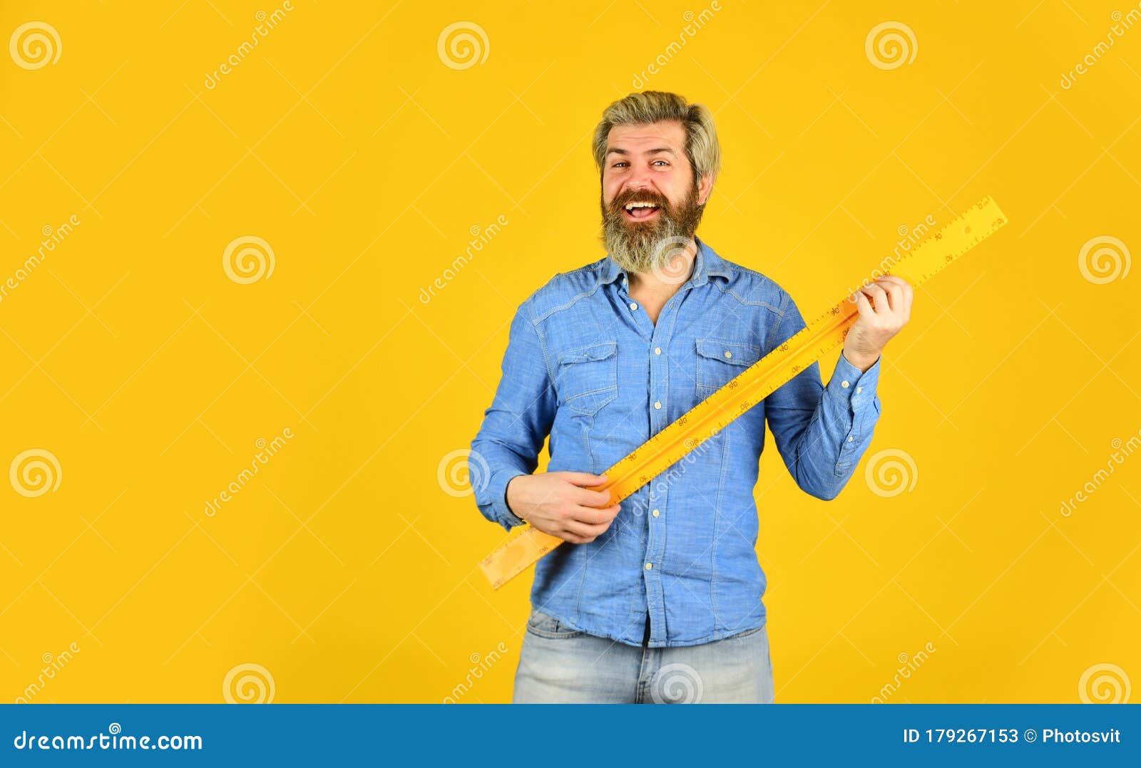 Tool for Graphics. Mature Bearded Man Hold Measuring Ruler. Study at ...