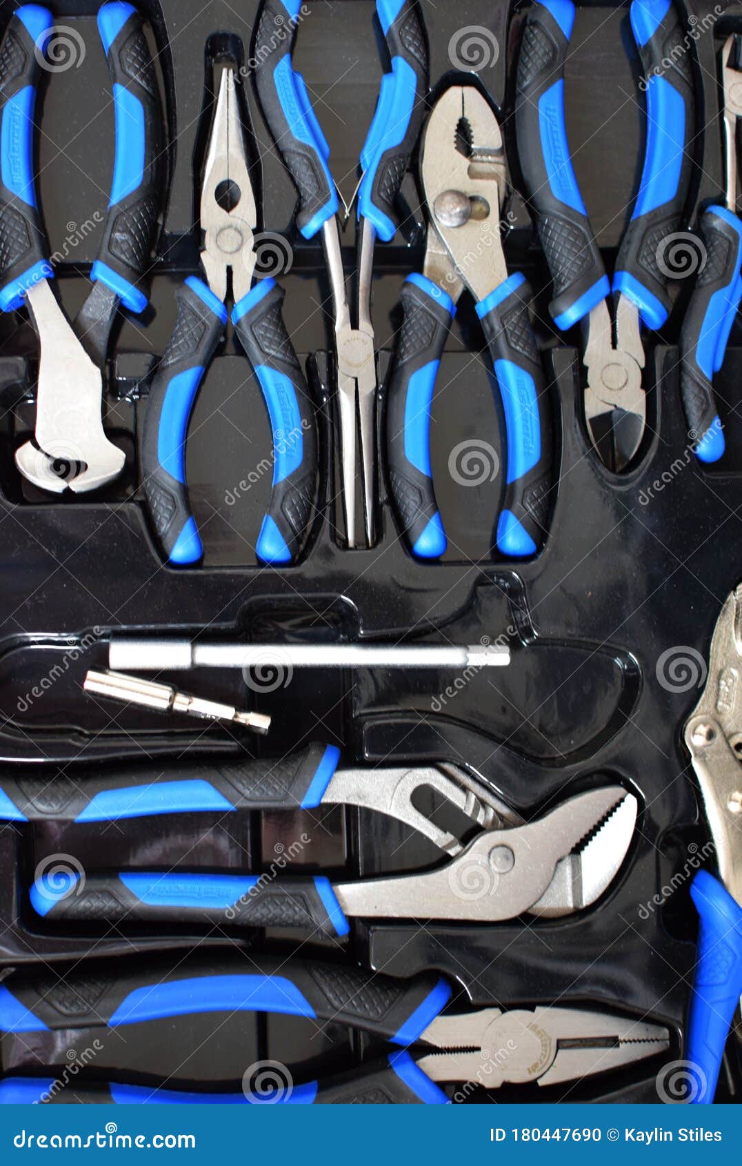 Tool set in blue and black stock photo. Image of work - 180447690
