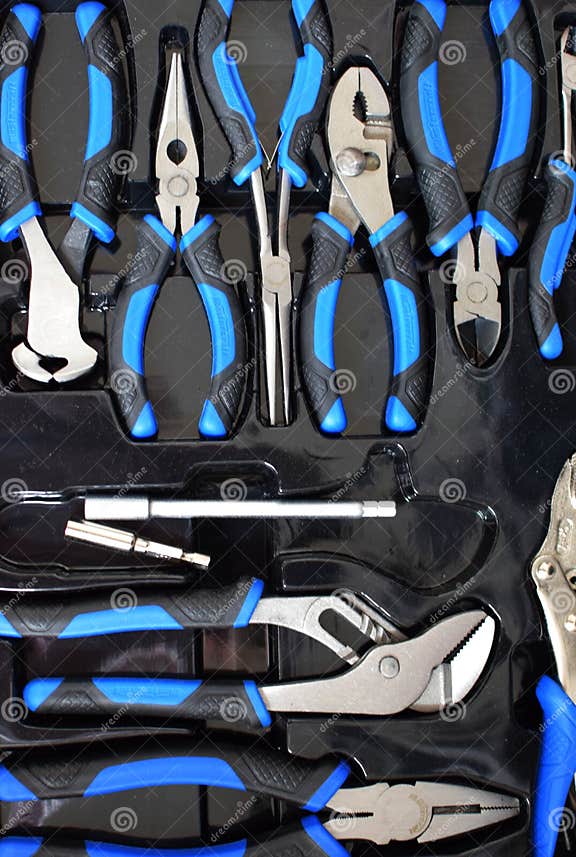 Tool set in blue and black stock photo. Image of work - 180447690